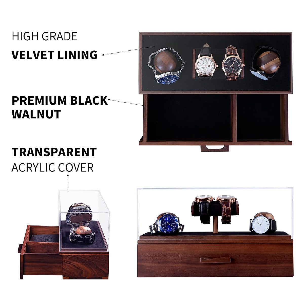 LOCDION Mens Watch Case Jewelry Box, Walnut Wood Watch Box Organizer with Drawer, Wooden Watch Holder Organizer for Men, Ideal Watch Display Case Gift for Father Husband Fiance Man Gifts for Father