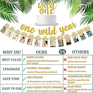 Wild One Birthday Decorations - Gold Glitter One Wild Year Banner + Baby 1st Birthday Photo Banner From Newborn to 12 Month - Safari, Jungle & Wild One Birthday Decorations