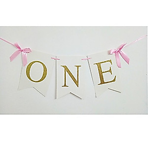 1st Birthday Baby Party Decoration High Chair Glitter Gold ONE Banner (4.8inch Ribbon Bow)