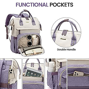 LOVEVOOK Laptop Backpack Purse for Women, Nurse Work Business Travel Backpack Bag, Wide Open Backpack, Lightweight Water Resistent Daypack with USB Charging Port, 15.6 inch, Beige-Light purple