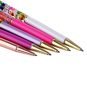 Ubabe Ballpoint Pens, 5 Pieces Rose Gold/White/Rose Red/Dark Purple Metal Ball Pen refillable Refills Black Ink Herbarium Floral Pens for Office Supplies