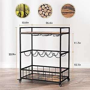 Industree Serving Cart on Wheels, 3-Tier Bar Cart with Wine Rack, Modern Wood and Metal Portable Coffee Cart Table for Home, Romantic Rustic Brown and Elegant Black, Family Party Cart(Max)