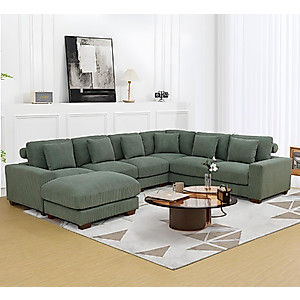 Plithzy Oversize Modular Sectional Sofa, U Shaped Convertible Couch for Living Room, Corduroy Fabric Sofa Set with Removable Ottoman (7 Seat Sofa Couch, Green)