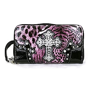 western rhinestone cross leopard concealed carry handbag with matching wallets in 3 colors (Purple)