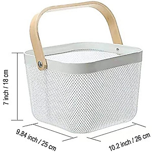 AJIODA 2 Pack Metal Mesh Steel Basket, Storage Organizer Basket Multi-function Hanging Kitchen Baskets Fruit Basket Bin with Wood Handle for Kitchen Bathroom Picnic Cabinet Home Decor, White