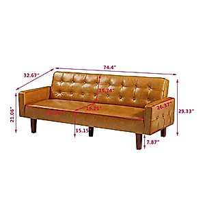 Eafurn 74.41" Faxu Leather Upholstered Futon Bed, Deep Button Tufted Convertible Folding Sleeper Solid Wood Legs, 3 Seater Comfy Soft Sofa & Couches for Living Room Office, Brown PU