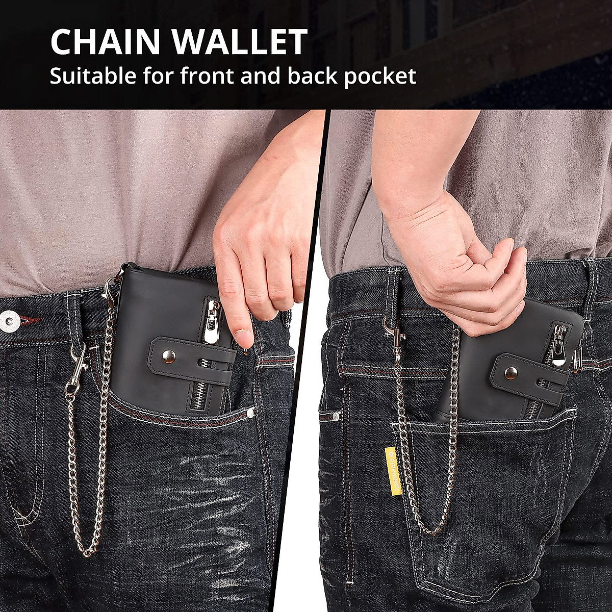 gzcz Mens Wallet with Chain RFID Blocking Genuine Leather Bifold Purse for Men with ID Window and Zip Coin Pocket, Black