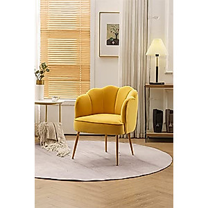 Velvet Accent Chair, Modern Shell-Shaped Upholstered Armchair Barrel Chair with Golden Metal Legs, Comfy Single Sofa Chair with Mid-Back, Elegant Vanity Chair Dining Chair for Living Room, Yellow