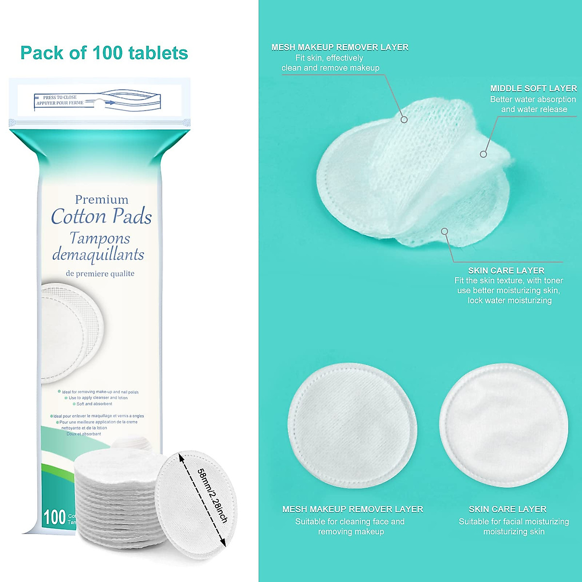 Premium Cotton Rounds for Face 400 Count - Makeup Remover Pads, Hypoallergenic, Lint-Free | 100% Pure Cotton Pads for Face Cleasing, Applying Facial Toner & Nail Polish Remover