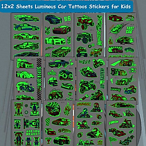 CHARLENT Luminous Race Car Tattoos for Kids - 24 Sheets Glow in The Dark RaceCar Temporary Tattoos for Boys Birthday Party Favors Goodie Bag Fillers