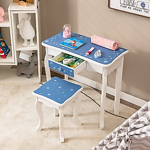 GLACER Kids Vanity, 2-in 1 Makeup Dressing Table w/Detachable Top, Tri-Folding Mirror, Drawer, Stool, Kids Vanity Table and Chair Set, Toddler Vanity, Pink Leopard Print (Blue Snowflake Print)