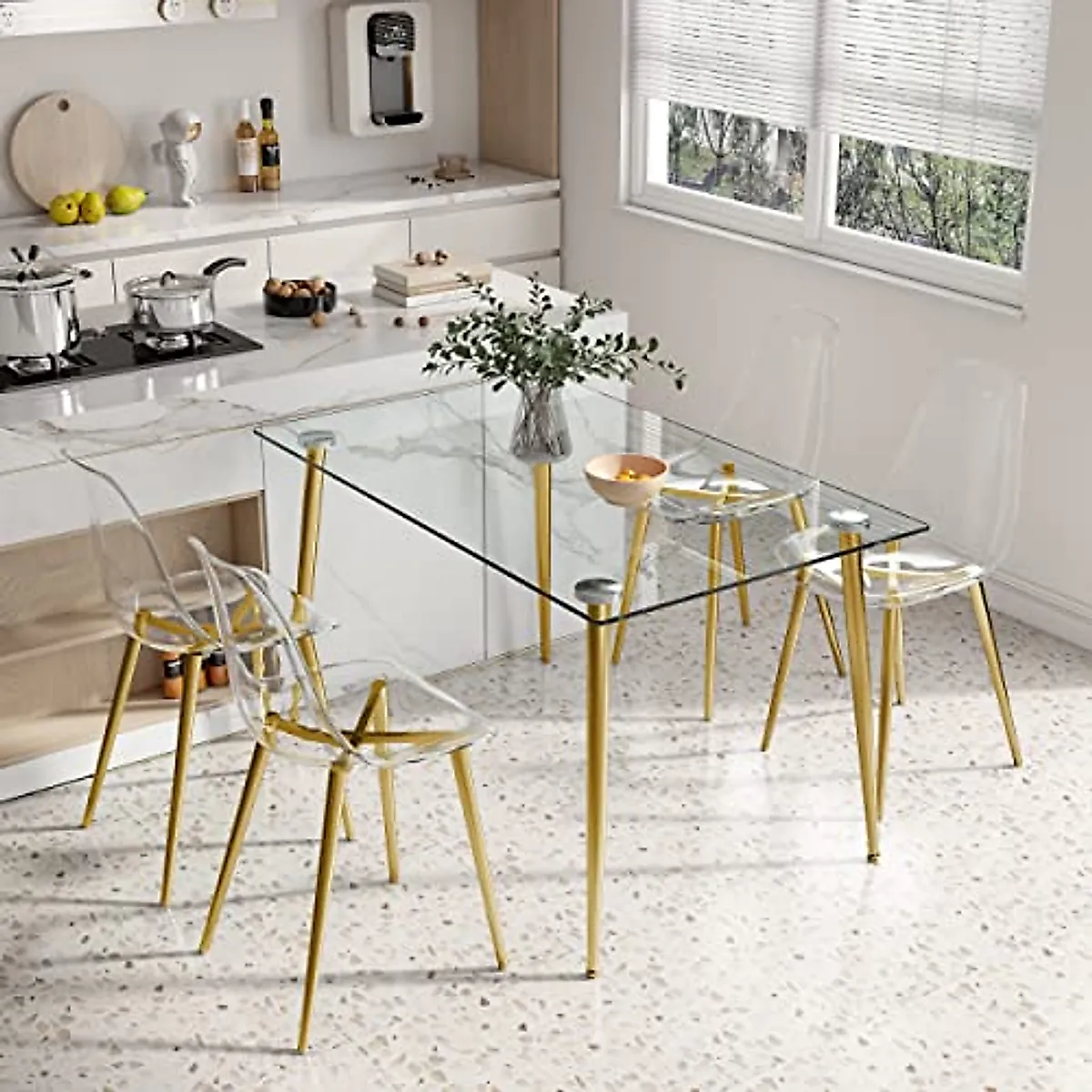 Glass Dining Table for 4 with 51 inch Clear Tempered Glass Top, 0.31" Modern Rectangular Glass Kitchen Table Furniture with 4 Golden Plating Metal Legs for Home Kitchen Room