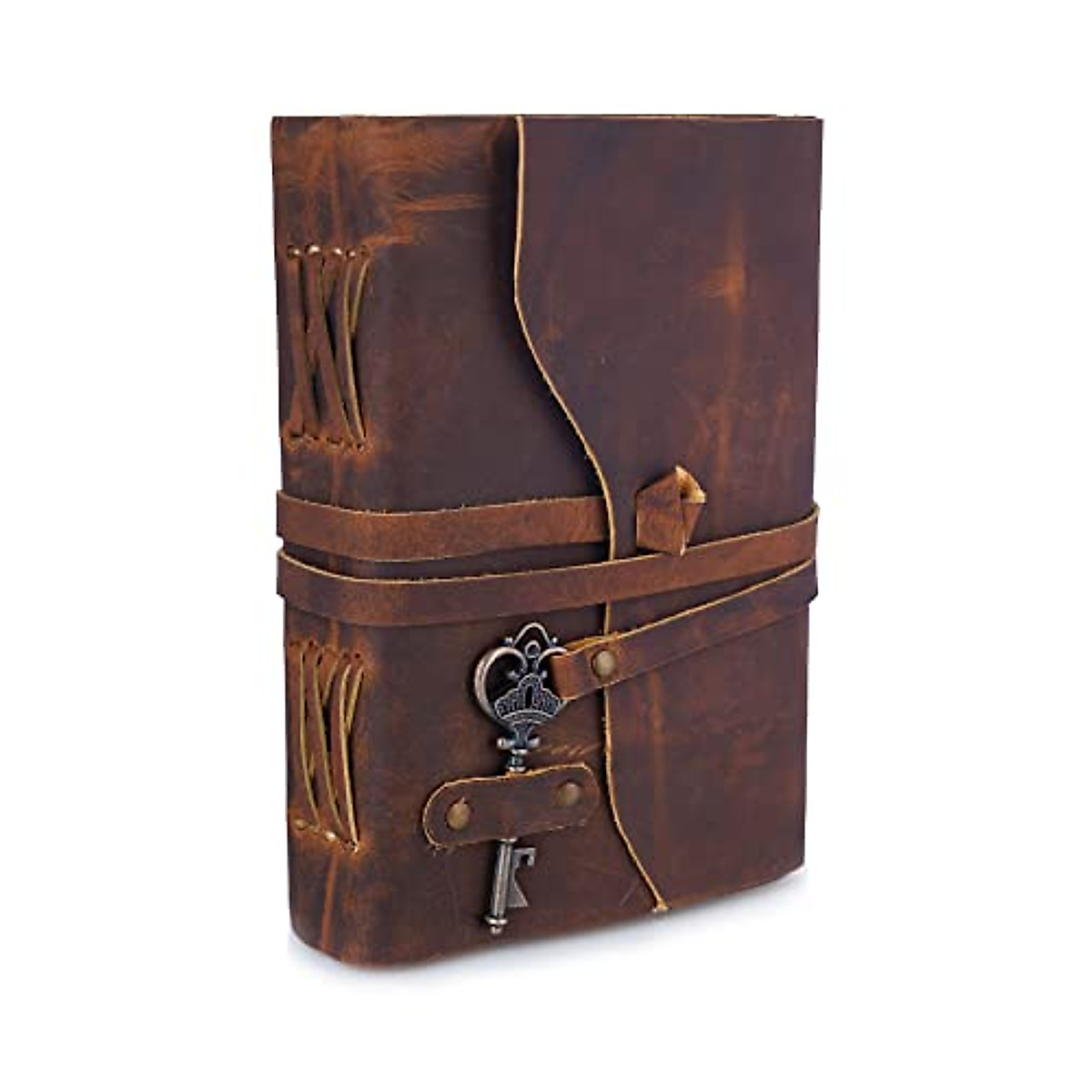Burhano crafts vintage leather journal with key leather bound journal key closer Antique Handmade Deckle Edge Vintage Paper Leather Book of shadows - perfect for writing (8x6)