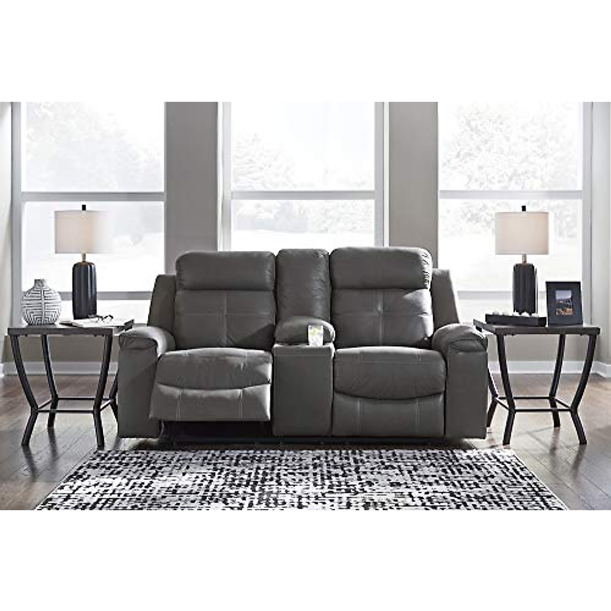 Signature Design by Ashley Jesolo Modern Faux Suede Double Reclining Loveseat with Center Console, Dark Gray