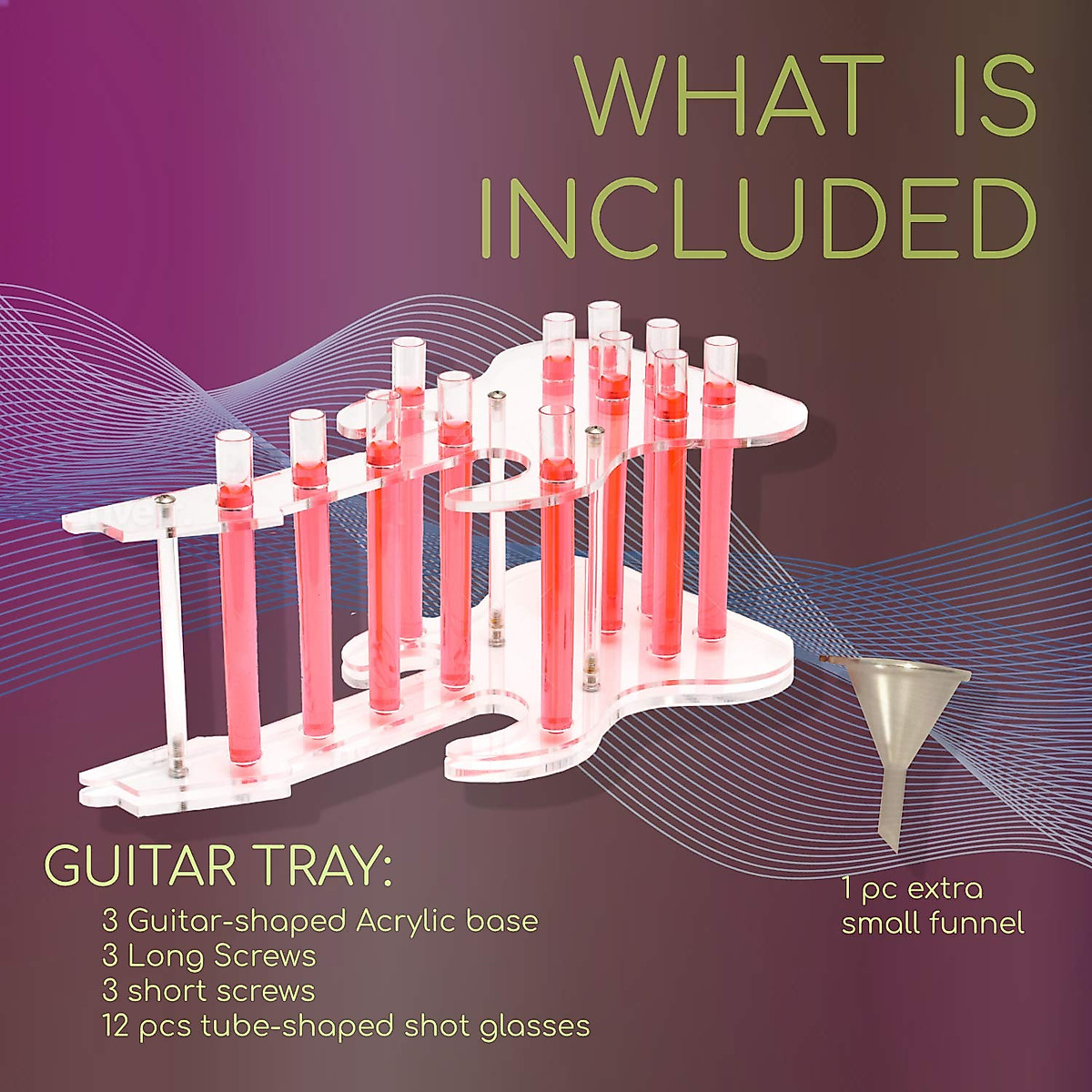 Shot Glass Set for Party- Guitar Shot Glass Holder Perfect for Bar Set Tray- Great for Tequila Shot Set or Whiskey Tray- Shot Caddy Comes with a Set of 12 Viles