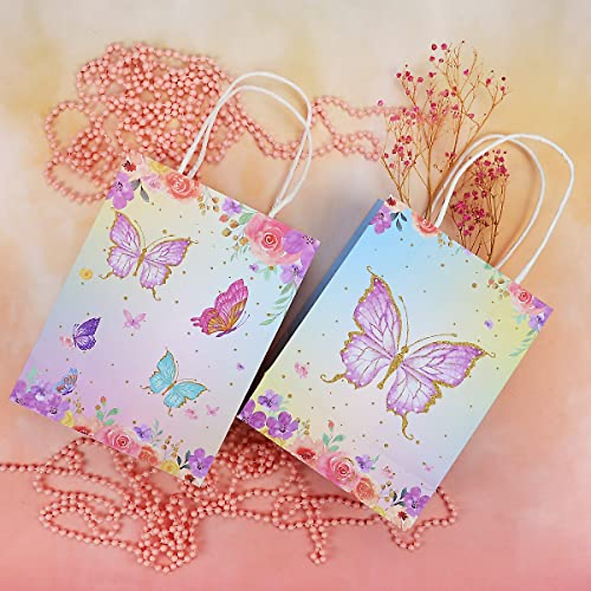 16 PCS Butterfly Party Gift Bag Favors Bags with Tissue Paper Goodie Paper Bags Pink and Purple Flowers Candy Paper Bags with Handles for Kids Girl Birthday Party Decor Baby Shower(8.2" x 5.9" x 3.1")