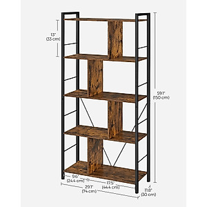 VASAGLE Bookshelf, 5-Tier Bookcase, Storage Shelving Unit, Display Shelf with Open Compartments for Living Room, Home Office, Bedroom, Industrial, Rustic Brown and Black ULBC121B01