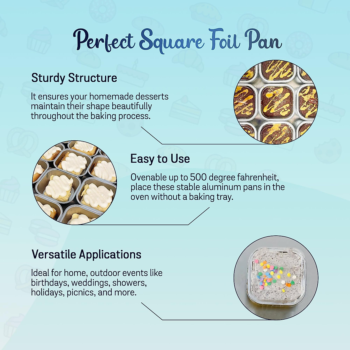 KitchenDance Disposable Dessert Pan Set with Lids - 4x4" Square Cake Baking Pan for Hotels, Restaurants, Heavy Duty Aluminum Foil for Baking, Storing, Preparing Food #ALU6P (100, Blue)