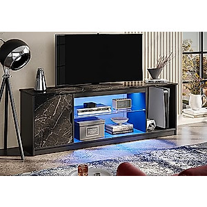Bestier LED TV Stand for PS5,Modern Gaming Entertainment Center with Cabinet for 60/65 Inch TV,Easily Assemble TV Corner Console with Adjustable Glass Shelf for Living Room Bedroom Black Marble