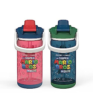 zak! Beacon Bottle Set of 2, Super Mario Bros. - 16 oz Each - Durable Plastic - Silicone Spout & Leak-Proof Lid - Dishwasher Safe