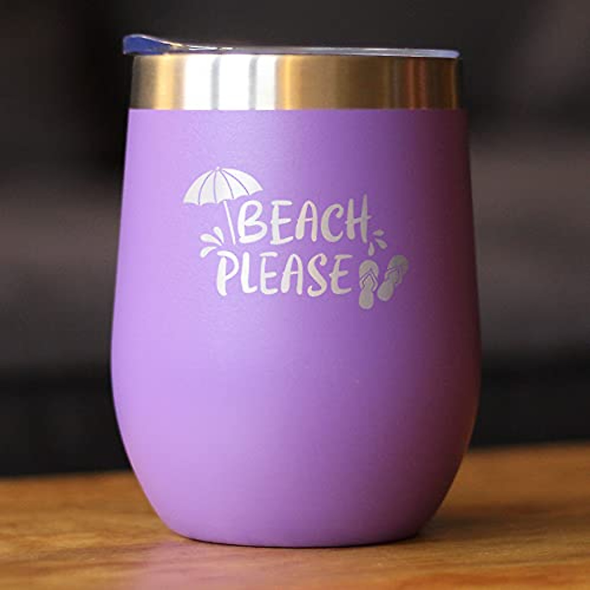 Beach Please - Travel Wine Tumbler with Sliding Lid - Stemless Stainless Steel Insulated Cup - Cute Funny Outdoor Camping Gift - Purple