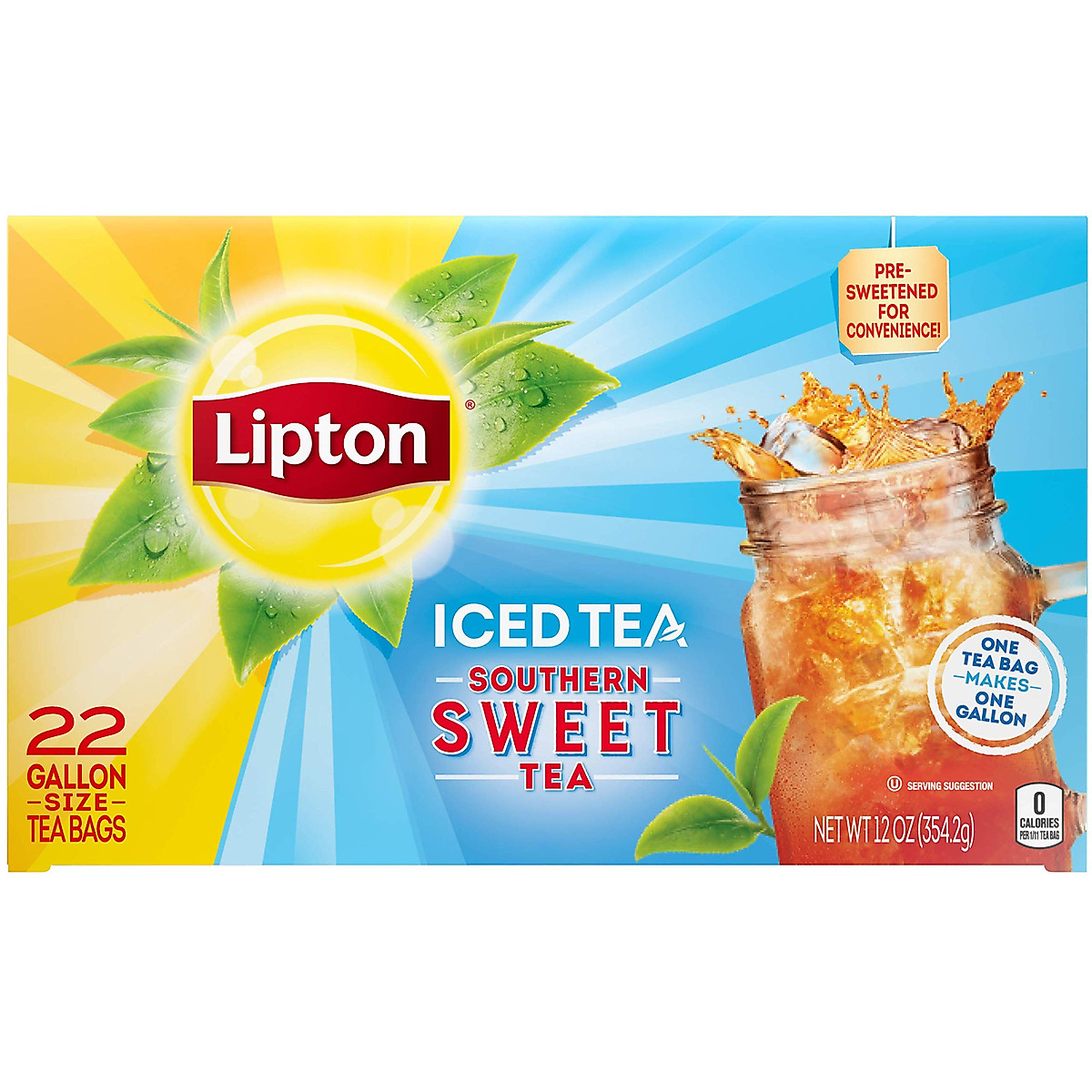 Lipton Southern Sweet Tea, Gallon-Size Tea Bags, 22 Count Box (Pack of 2) with By The Cup To Go Cup