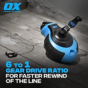 OX Tools OX-P027731 Chalk Box - 100' Thick Line, Curved Hook, 6:1 Gear Ratio, Metal Handle, Easy Top Load, Ergonomic Shape & Rubber Grips - Ideal for Deck Builders, Framers, Roofers