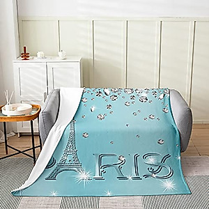 Eiffel Tower Throw Blanket 40x50 Size,Romantic Paris Tower Fleece Blanket for Teens Adult,Gradient Diamond Flannel Blanket,Teal Sparkles Sequins Valentines Bed Blanket Living Room Decor