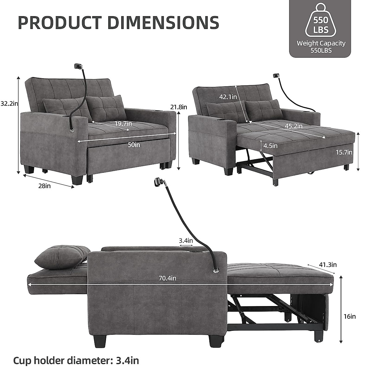 XSZD 3-in-1 Convertible Sleeper Loveseat Sofa Bed with Pullout Bed and Storage for Living Room, Bedroom, Balcony, RV - Futon Sofa Bed, Sleeper Sofa, Pull Out Couch, Small Couch