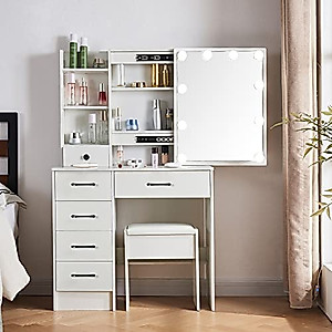 White Vanity with Sliding Mirror, 10PCS Hollywood Bulbs 3 Lighting Modes Vanity Desk with 6 Storage Drawers, Dressing Table Set with 6 Display Shelves for Girls.
