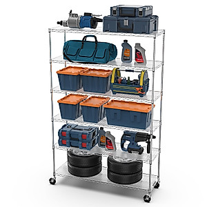 6 Tier NSF Wire Shelf Shelving Unit, 18 x 48 x 82 In 6000lbs Capacity Heavy Duty Adjustable Storage Metal Rack with Wheels/Leveling Feet & Shelf Liners, Ideal for Garage, Kitchen, and More - Chrome