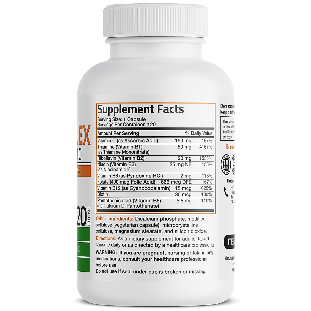 Bronson Vitamin B Complex with Vitamin C - Immune Health, Energy Support & Nervous System Support - Non-GMO, 120 Vegetarian Capsules