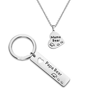 BEKECH Papa Bear Mama Bear Keychain Necklace Set Family Couples Jewelry Gifts for Mom & Dad (2 cubs)