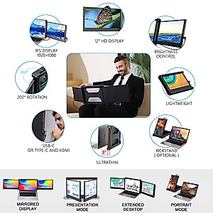 WESTHOD 12" Laptop Monitor Extender, Portable Monitor for Laptop HDMI USB C Screens Extender FHD 1080P, Plug-Play Tri-Screen for 13”-16” Laptops