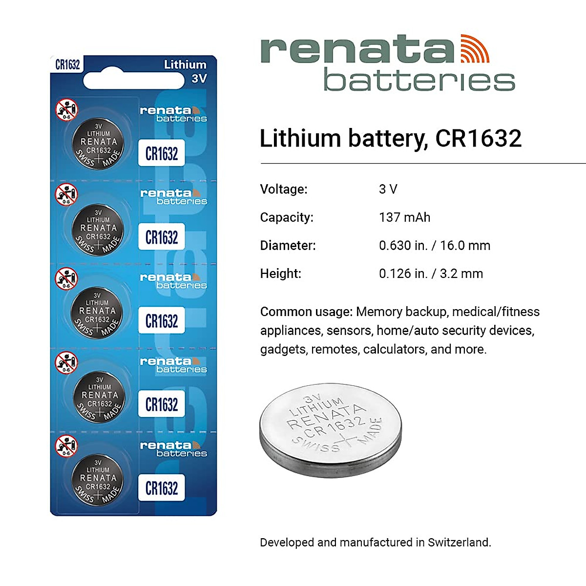 renata CR1632 Cell Coin Button Lithium Battery 3V Tag Watch Key x1 Made in Swiss