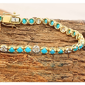 Tennis Bracelet For Women - 3MM Round Turquoise And 1.23 Ct Natural Diamond 7 Inch Tennis Bracelet In 14K Yellow Gold Over 925 Sterling Silver (Clarity VVS1-I2/Color sky blue-J)