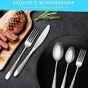 Meythway 20-Piece ​Modern Hammered Silverware Set with Luxury Decoration, Stainless Steel Flatware Set, Cutlery Set Service for 4, Reusable, Dishwasher Safe(Silver)