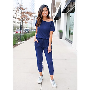 PRETTYGARDEN Women's Loose Solid Off Shoulder Elastic Waist Stretchy Long Romper Jumpsuit (Blue,Small)