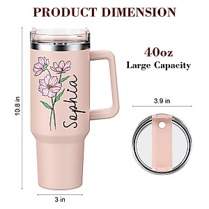 UNIGIFTIME Customized 40oz Tumbler with Handle and Straw, Personalized Stainless Steel Insulated Tumbler with Birth Flower and Name, Personalized Birthday Gifts for Women and Men, Mother's Day Gift