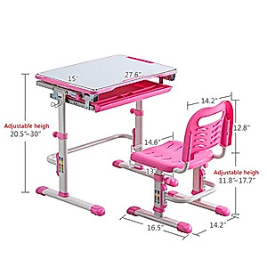 Desks and Chair Set Height Tilt Desktop Adjustable Table with Hook and Storage Drawer for Boy and Girls, White Pink