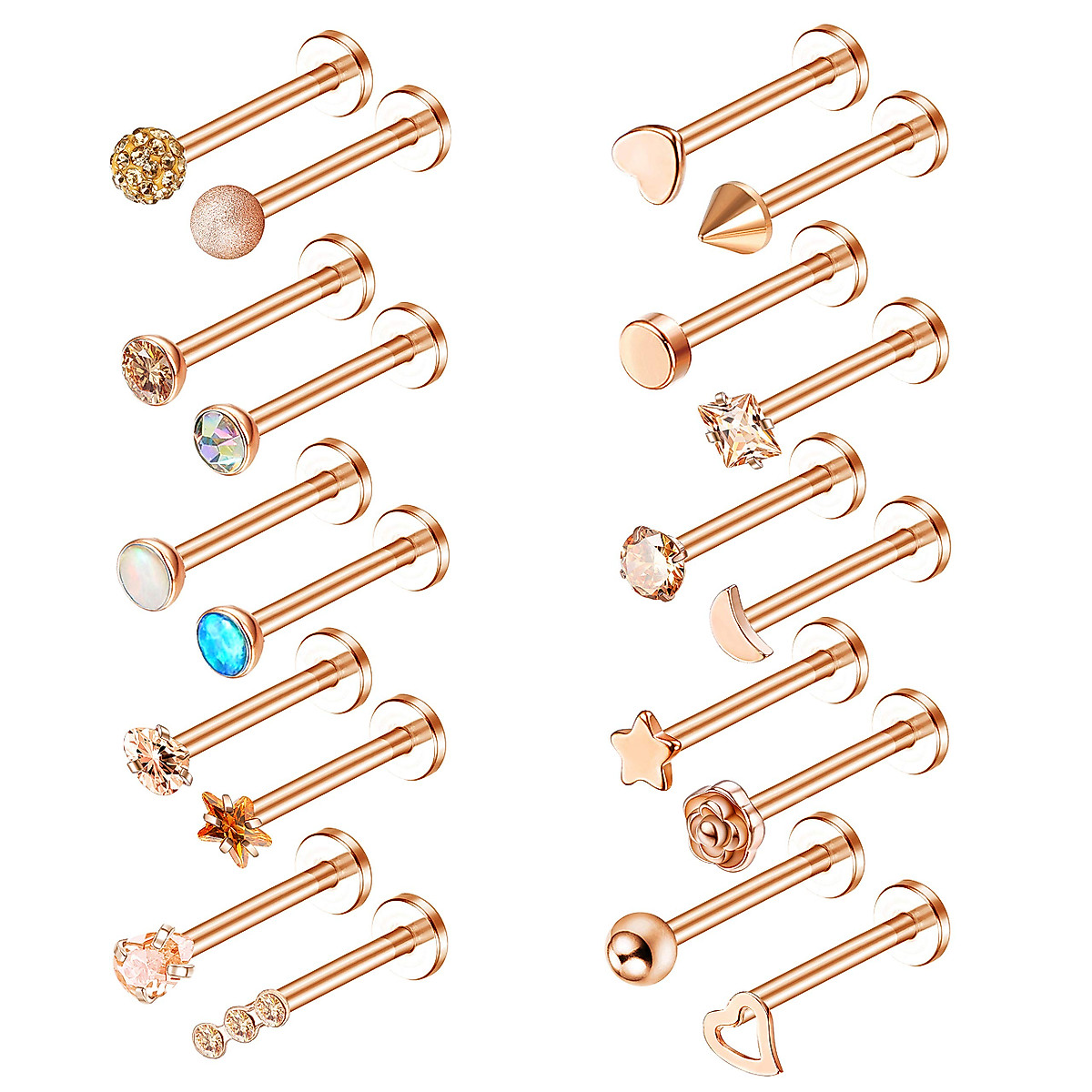 Subiceto 16G Stainless Steel Forward Helix Monroe Labret Lip Nose Studs for Men Women Tragus Cartilage Stud Earrings Cz Balls Heart Flower Medusa Piercings 20 Pcs