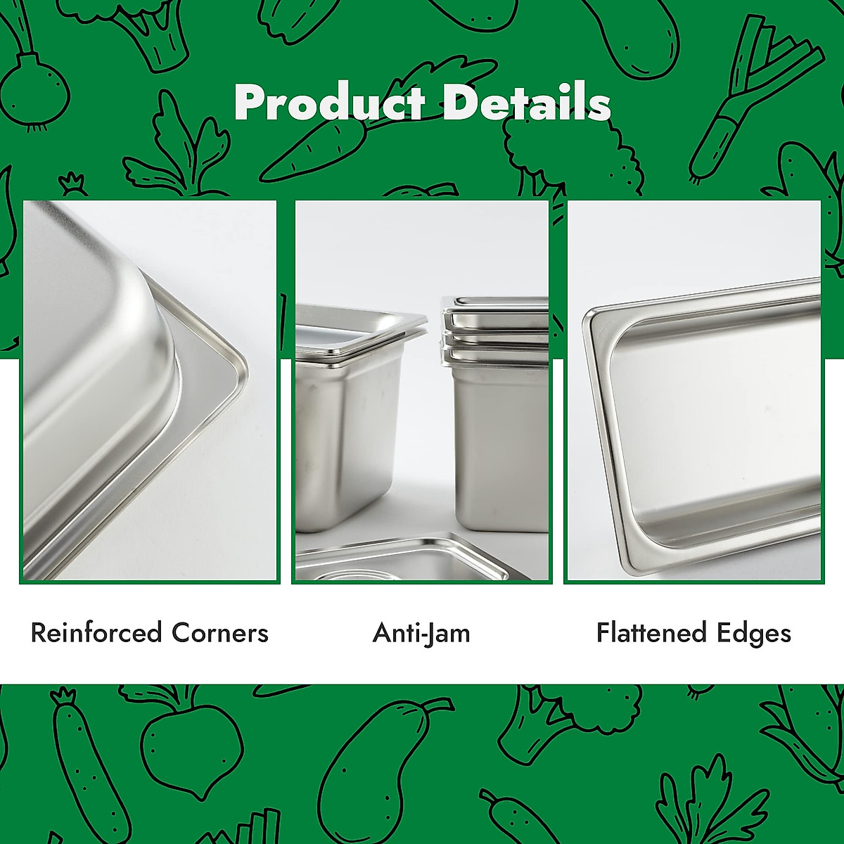 HECMAC 6-Pack 1/6 Size Notched Hotel Pan Cover,Stainless Steel Solid Steam Table Catering Food Pan Lid with Handle