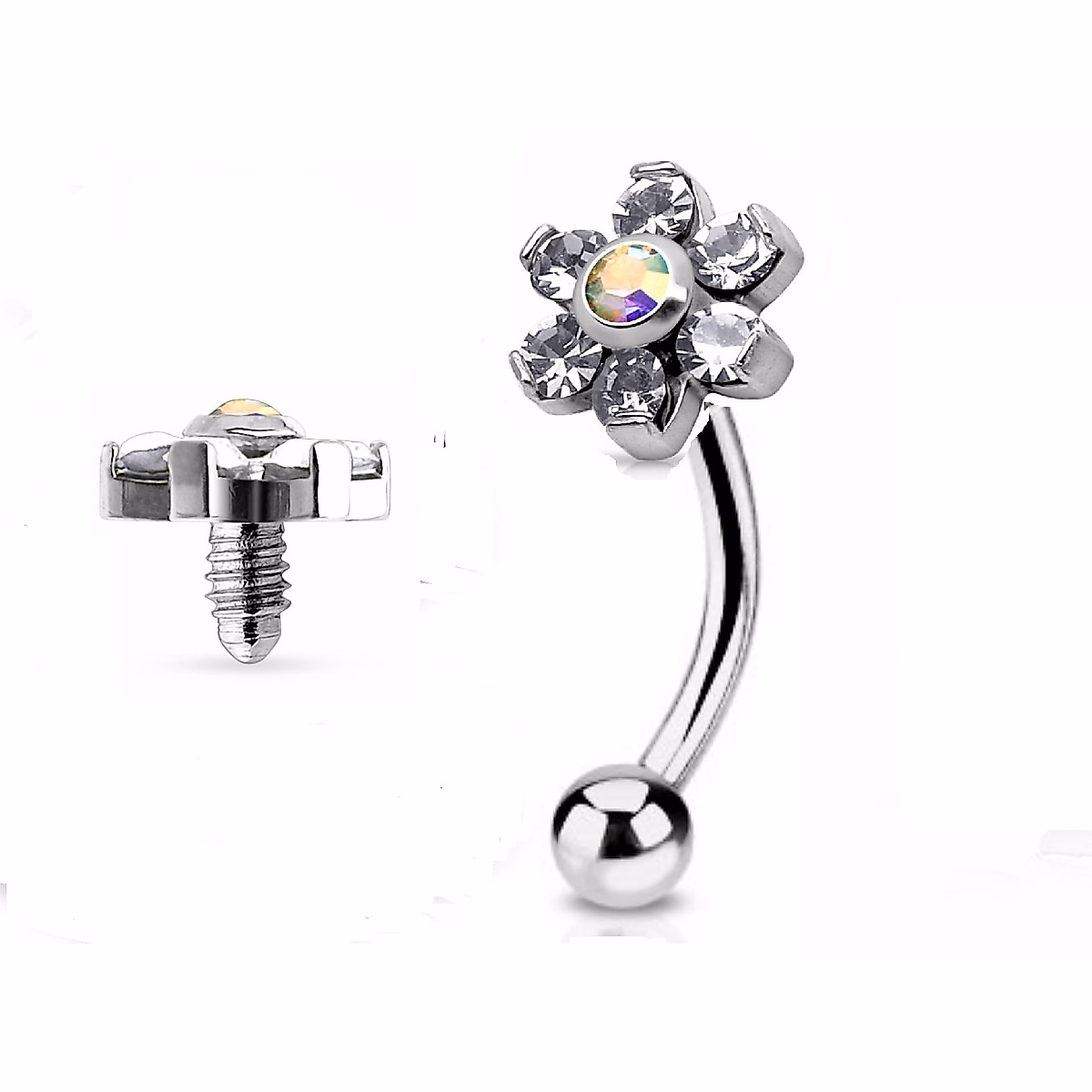 7ZACC Jeweled Twin Daisy Flowers Spinal Barbell Christina Vertical Hood VCH Jewelry Genital Piercing 1/2 (Clear)