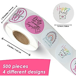 Assorted Cute Packaging Stickers - Roll of 500 - Four Fun Designs - 1.5" Round Glossy Sealers for Small Business - Happy Mail - Thank You for Your Business/Pretty Things Inside