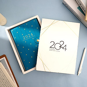 Daily Planner 2023 Agenda Weekly & Monthly Planner 2022-2023 Appointment Leather Planner for Women Students Time Management Journal with Pen Holder, Pocket, Premium Beige Paper, 5.9" x 8.7", Blue