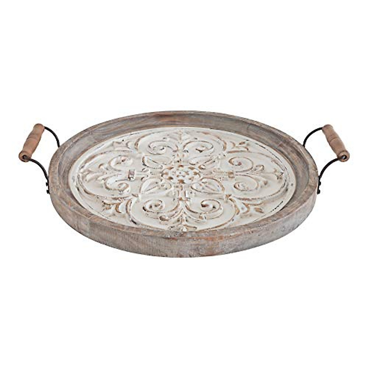 Kate and Laurel Hillrose Round Wooden Tray, 18 inch Diameter, Rustic Brown and White, Decorative Tray for Serving, Display, and Storage