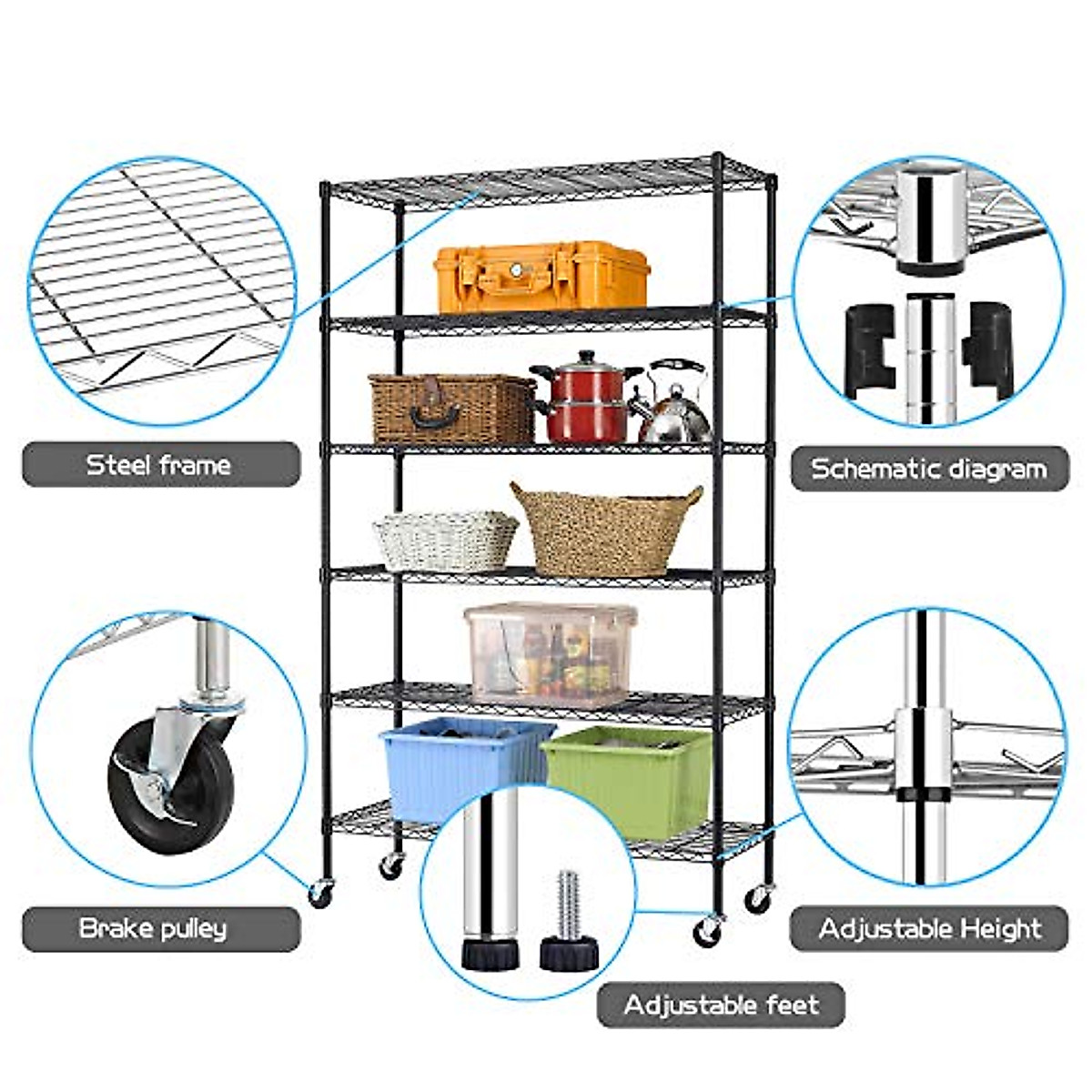 HCB 6-Tier Storage Shelf Heavy Duty Wire Shelving Unit 82"x48"x18" Height Adjustable Metal Steel Wire with Casters For Restaurant Garage Pantry Kitchen Rack (Chrome)