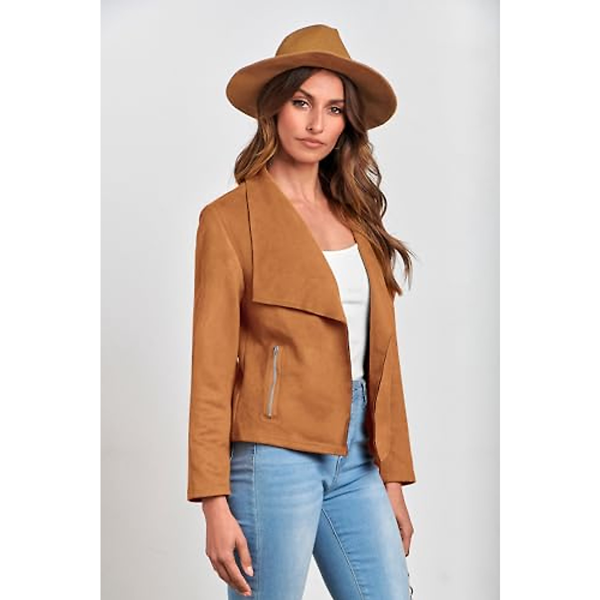 PRETTYGARDEN Women's Faux Suede Jackets 2023 Fall Clothes Long Sleeve Open Front Cropped Coat Outwear (Brown,Medium)