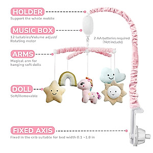 FEISIKE Baby Crib Mobile for Girls with 3 Modes Digital Musical Box（Turn Only, Music Only, Turn & Music), Volume Control, 12 Lullabies, Pink, Nursery Toys for Newborn Ages 0 and Older, Knob Type
