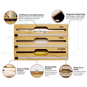 Sorbet Peony 3 in 1 Wrap Organizer with Cutter, Aluminum, Tin Foil, Wax, Parchment, Bamboo Dispenser for Kitchen Organization and Storage